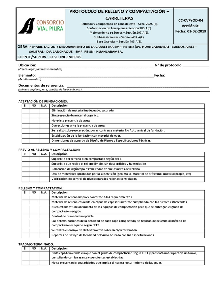CC-CVP-OD.04 Protocolo de Relleno y Compactación - Carreteras VS01 | PDF | Ciencias fisicas