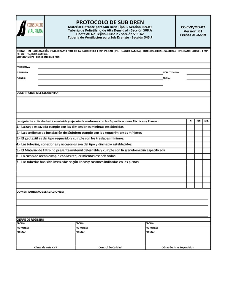 CC-CVP-OD.07 Protocolo de Aceptación de Sub Dren Vs 01 | PDF