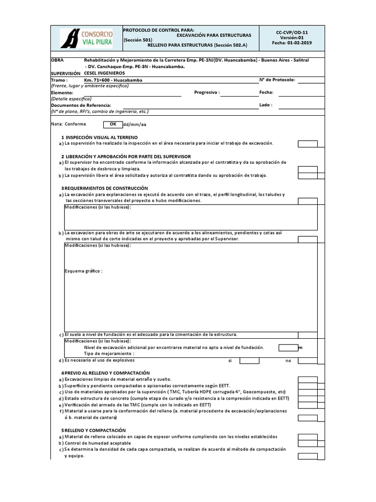 Cc-Cvp-Od.11 Protocolo Excavacion y Relleno para Estructuras (501,502) | PDF | Hormigón