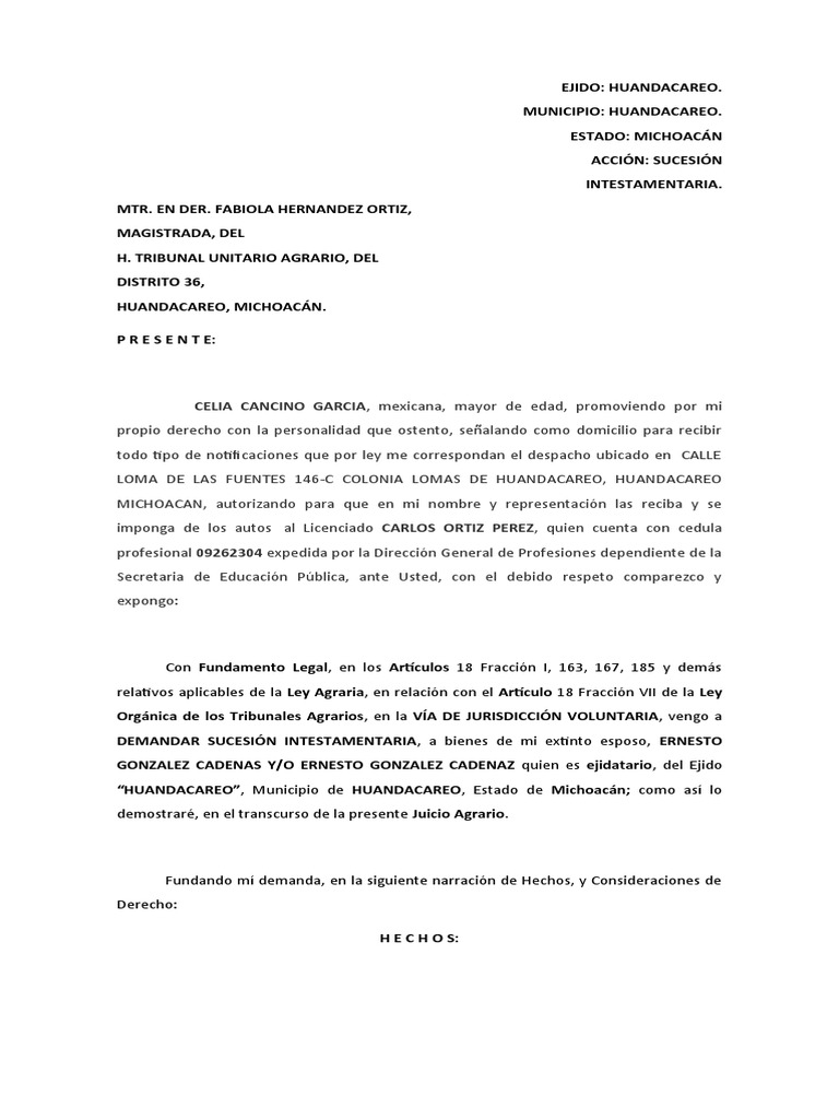Demanda Juicio Sucesorio Intestamentario en Materia Agraria | PDF ...
