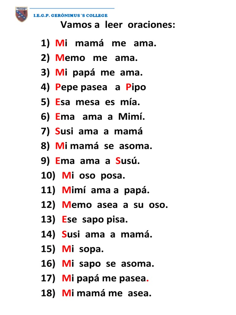 Oraciones para aprender a leer | PDF