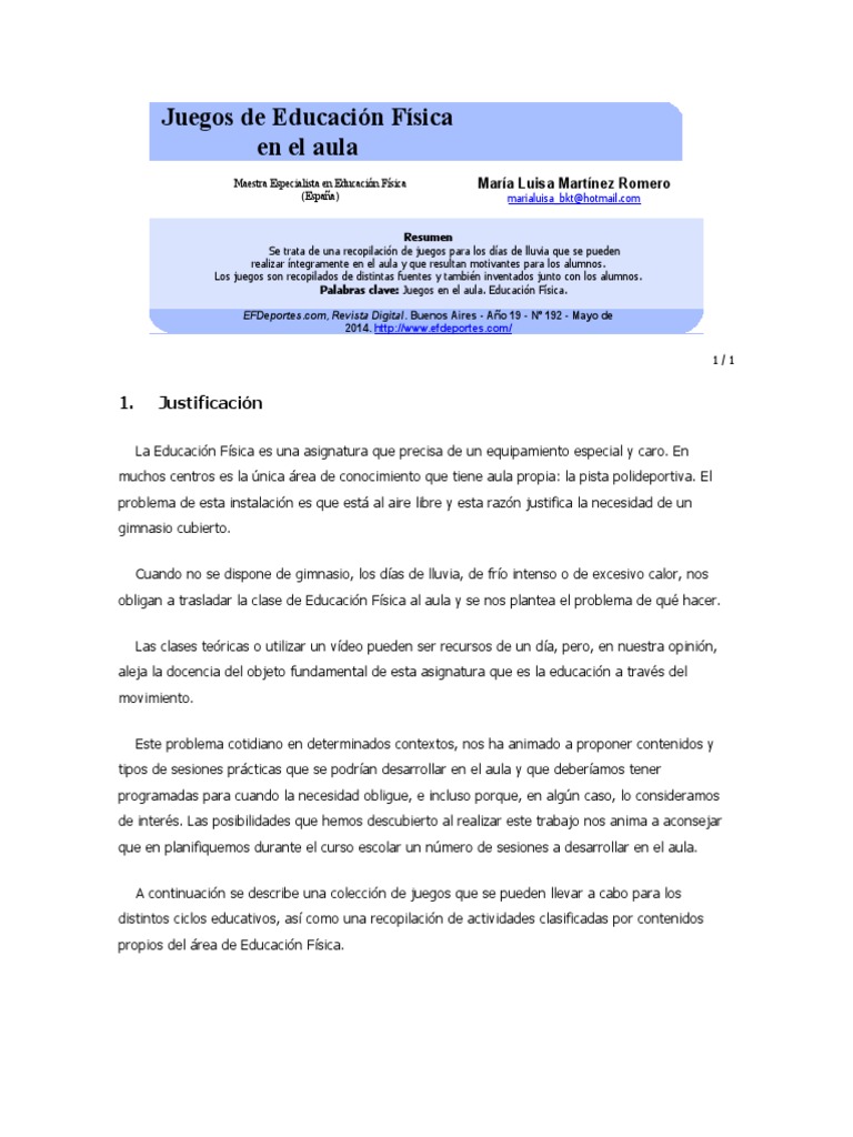 Juegos de Educación Física en el Aula | PDF | Bailes | Salón de clases