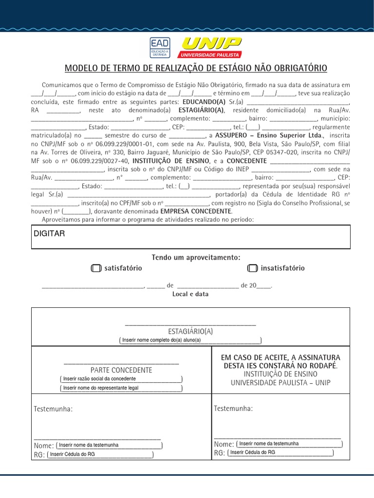 Termo de Realizaçao de Estagio Não Obrigatório | PDF Termo de Realizaçao de Estagio Não Obrigatório | PDF