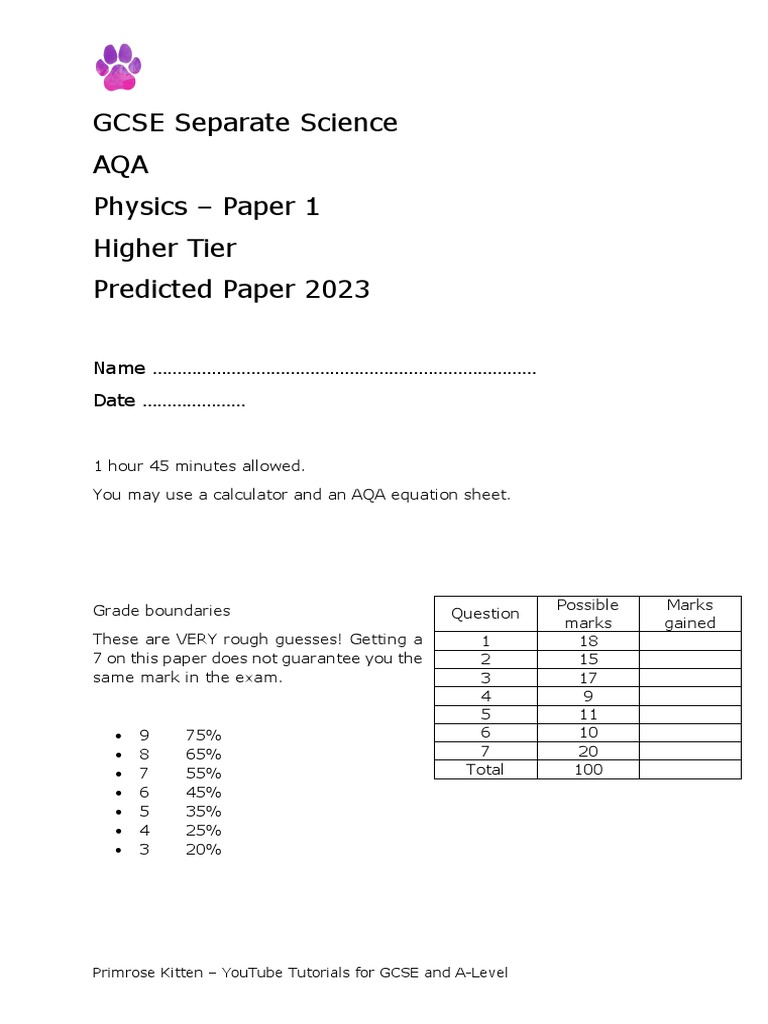 AQA - GCSE Separate Science - Higher - Physics - Paper 1 - 2023 ...