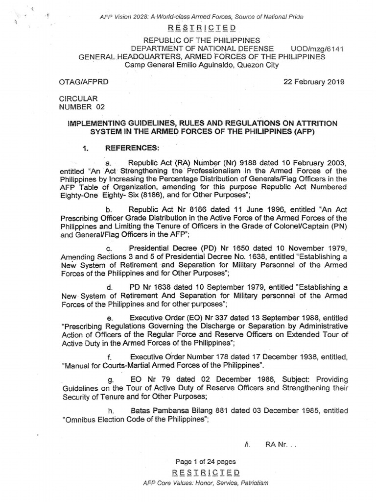 GHQ AFP Circular NR 02 Dated 22 February 2019, Subject - Implementing Guidelines, Rules and ...