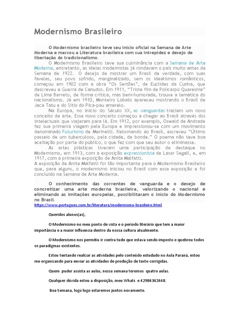 Conteúdo Atividade 01- 3º Ano médio. | PDF | Modernismo | Brasil