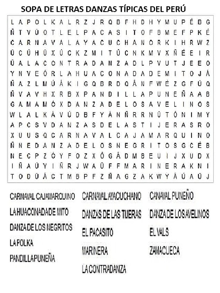 Sopa de Letras Danzas Del Peru | PDF