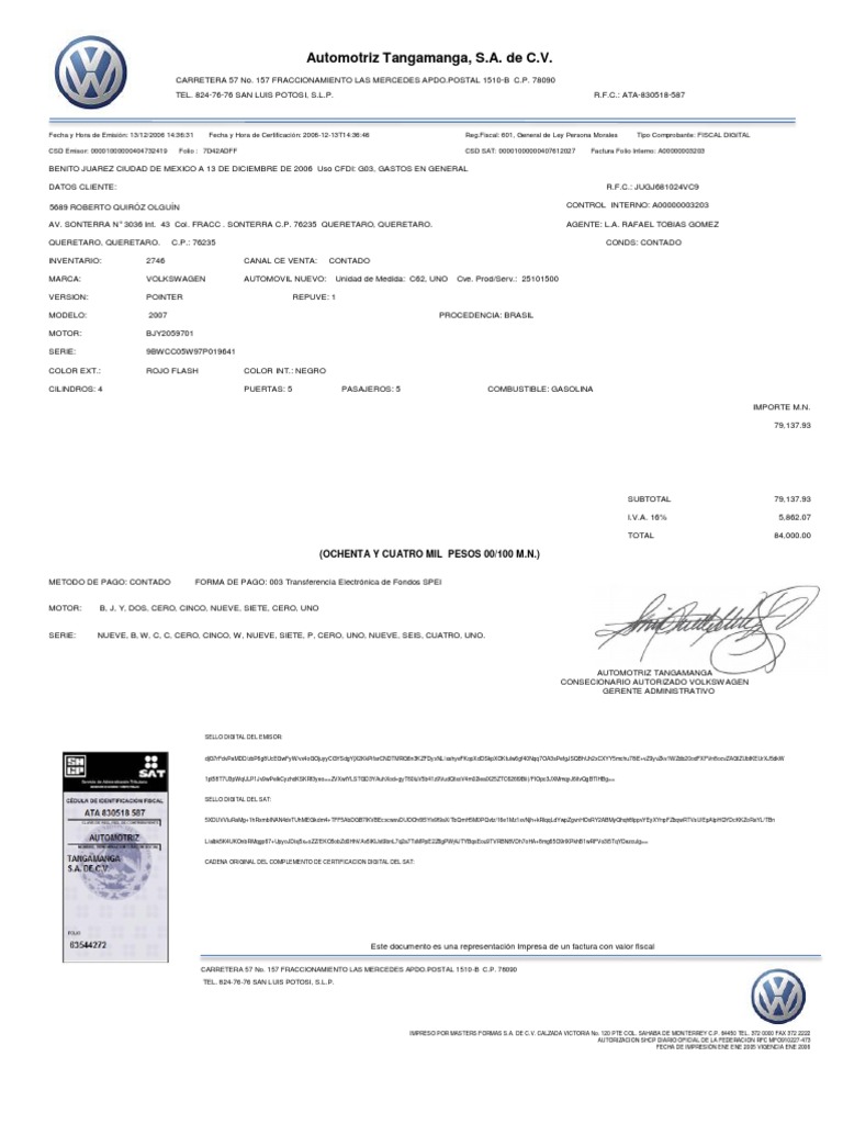 FACTURA POINTER 2007 SLP TANGAMANGA VOLKSWAGEN | PDF | Vehículos ...