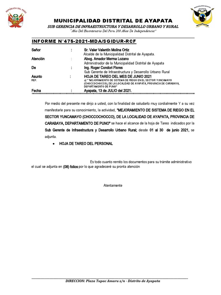 Inf #575 Hoja de Tareo Del Mes de Junio 2021 (Yuncamayo) | PDF