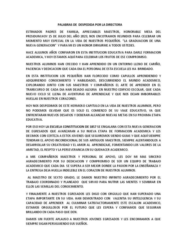 Palabras de Despedida Por La Directora | PDF