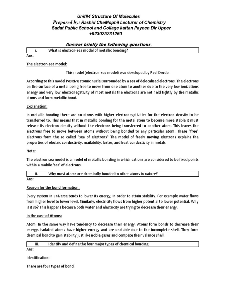 Class 9th Chemistry Unit#4 Structure of Molecules | PDF | Chemical Bond ...