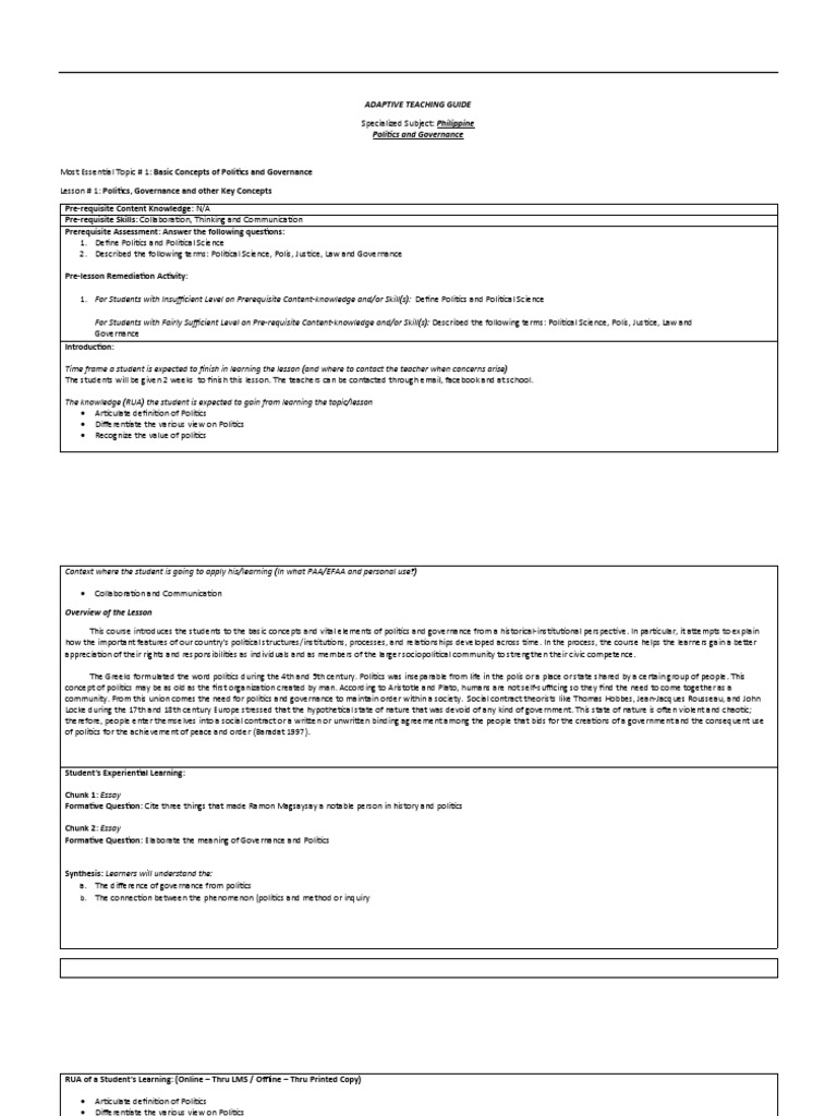 Adaptive Teaching Guide Politics and Governance | PDF | Teachers | Learning