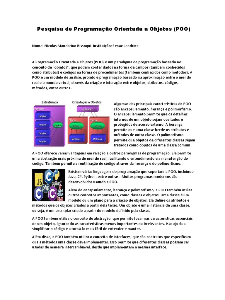 Pesquisa De Programação Orientada A Objetos Pdf Programação Orientada A Objetos Classe