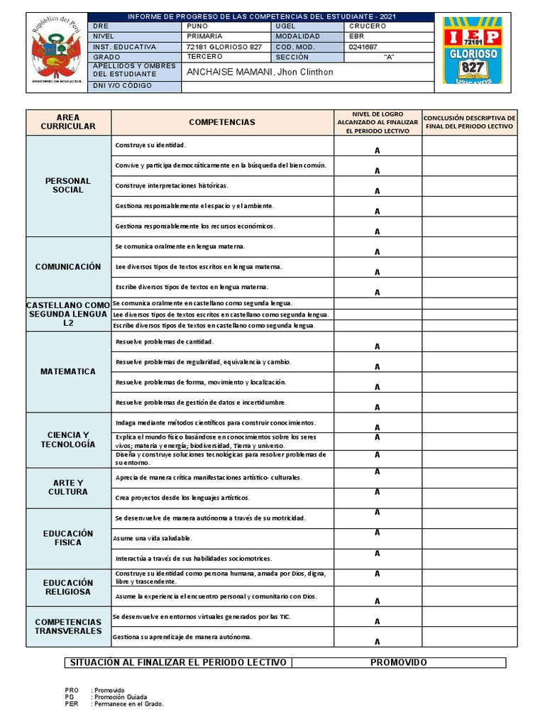 Informe de Mis Progresos - 2021 TERCERO A | Descargar gratis PDF | Segundo lenguaje | Matemáticas