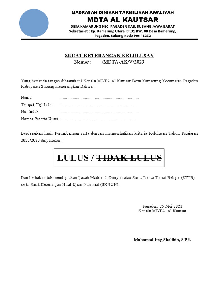 Contoh Surat Keterangan Kelulusan DTA | PDF
