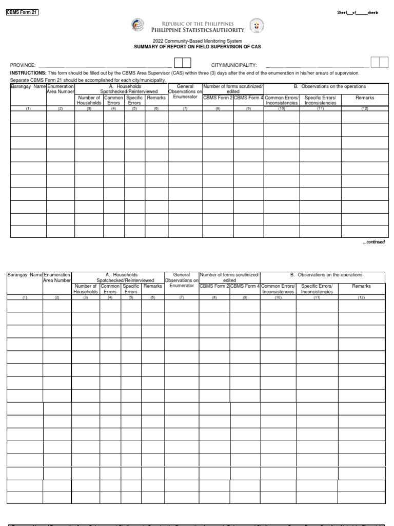 CBMS Form 21 - Summary Report On Field Supervision of CAS | PDF