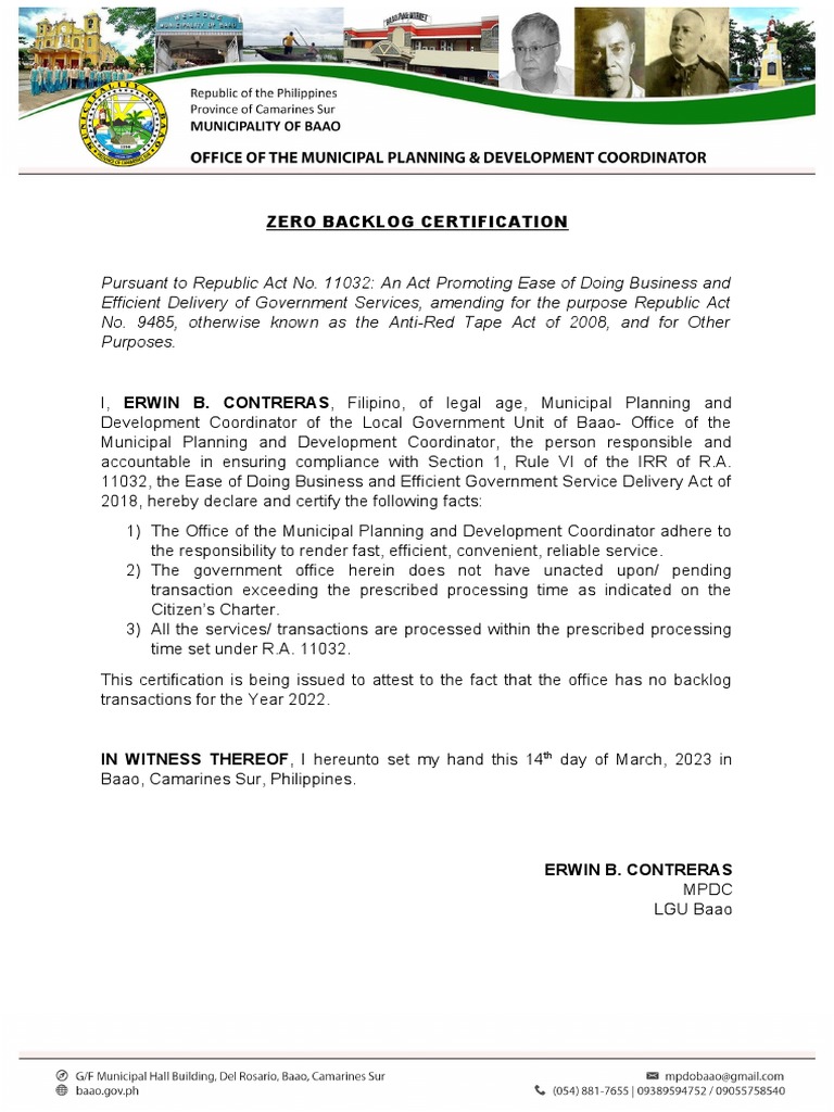 Zero Backlog Certification | PDF