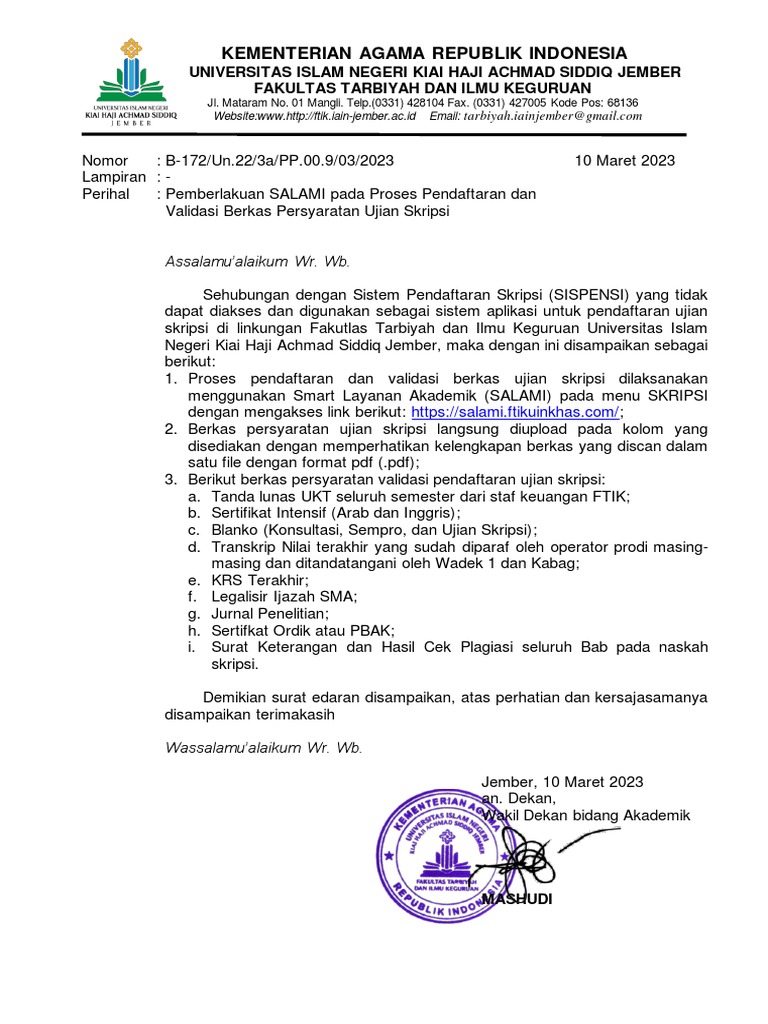 2023-Surat Pemberlakuan Salami-Pendaftaran Ujian Skripsi Ftik Uin Khas | PDF