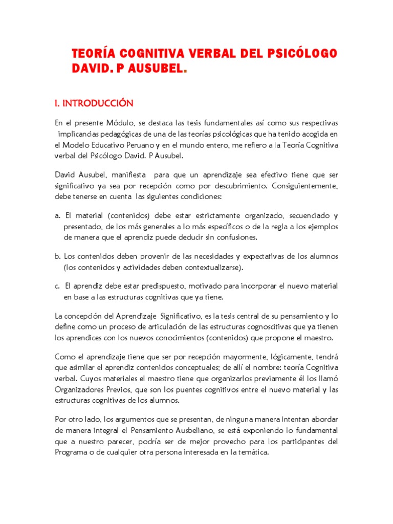 Teoría Cognitiva de Ausubel | PDF | Aprendizaje | Cognición