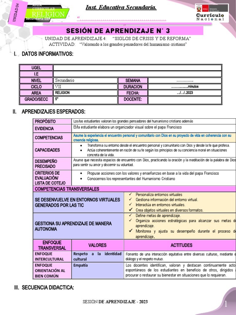 Sesion Religion 5° Sec-Semana 03 | PDF | Aprendizaje | Evaluación