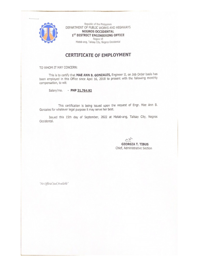 Certificate of Employment With Compensation | PDF