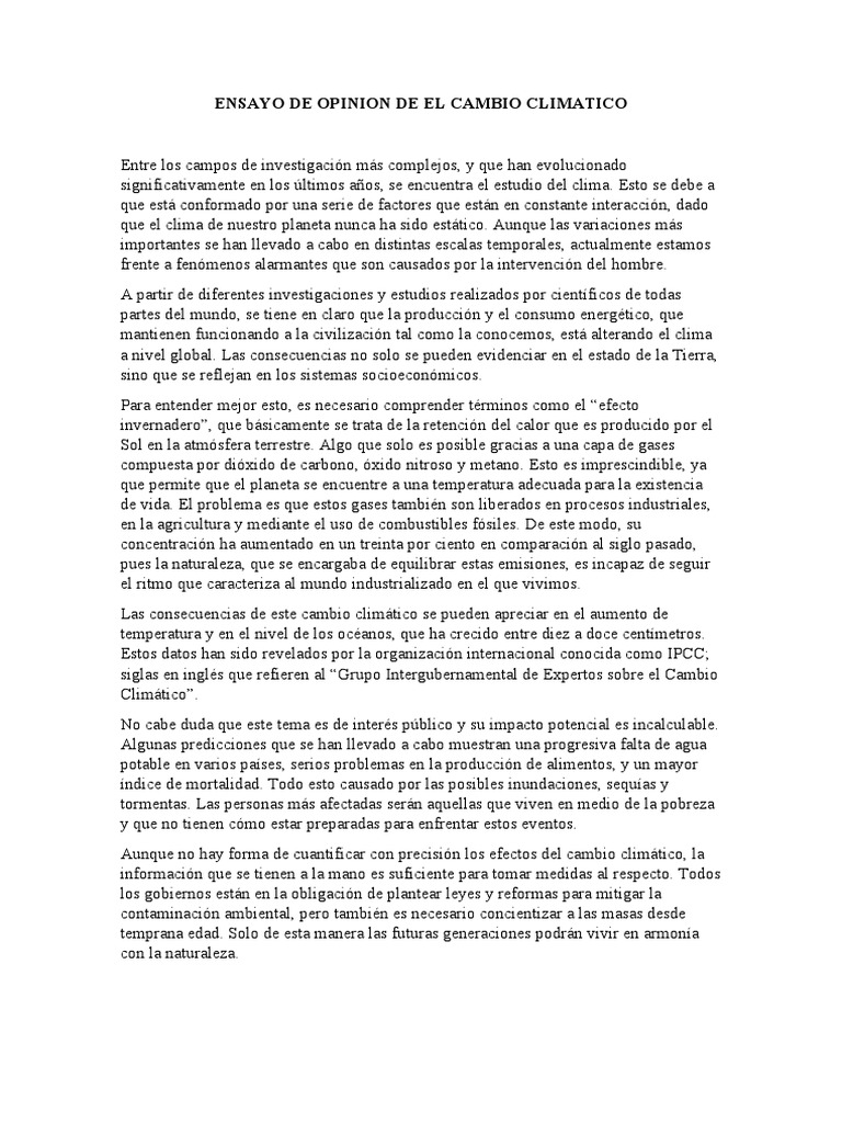 Ensayo sobre el Cambio Climático | PDF | Gases de efecto invernadero ...