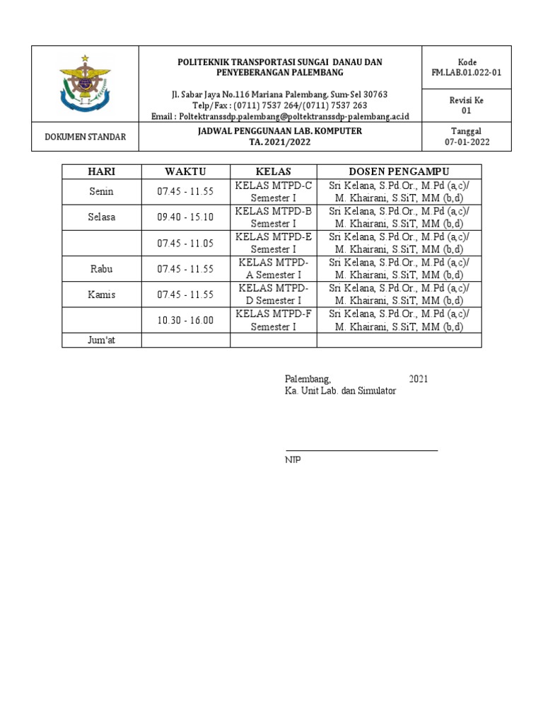 Jadwal Penggunaan Lab Komputer | PDF