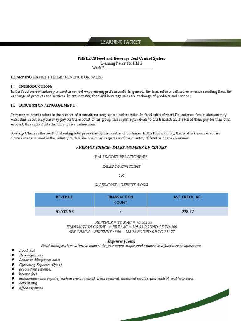 PHELEC8 - WEEK 2 Food and Beverage Cost Control System | PDF | Menu ...