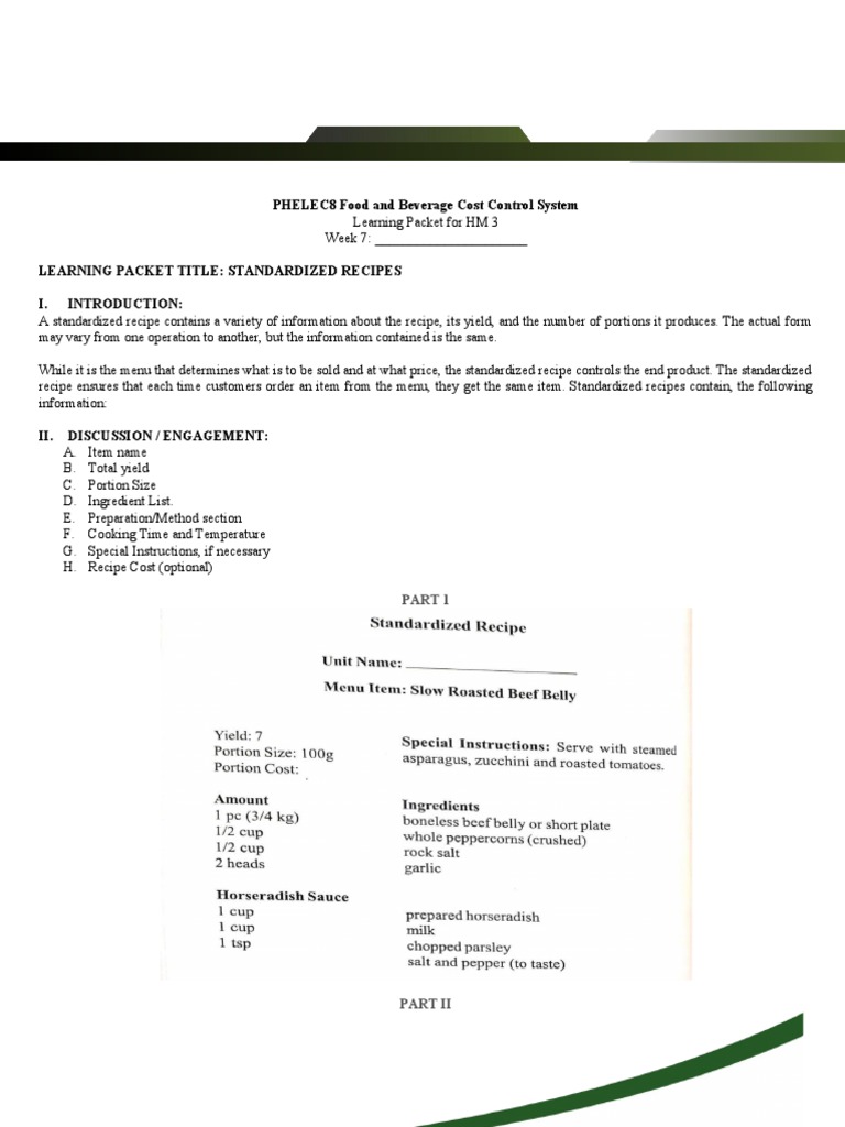 PHELEC8 - WEEK 7 Food and Beverage Cost Control System | PDF | Recipe ...