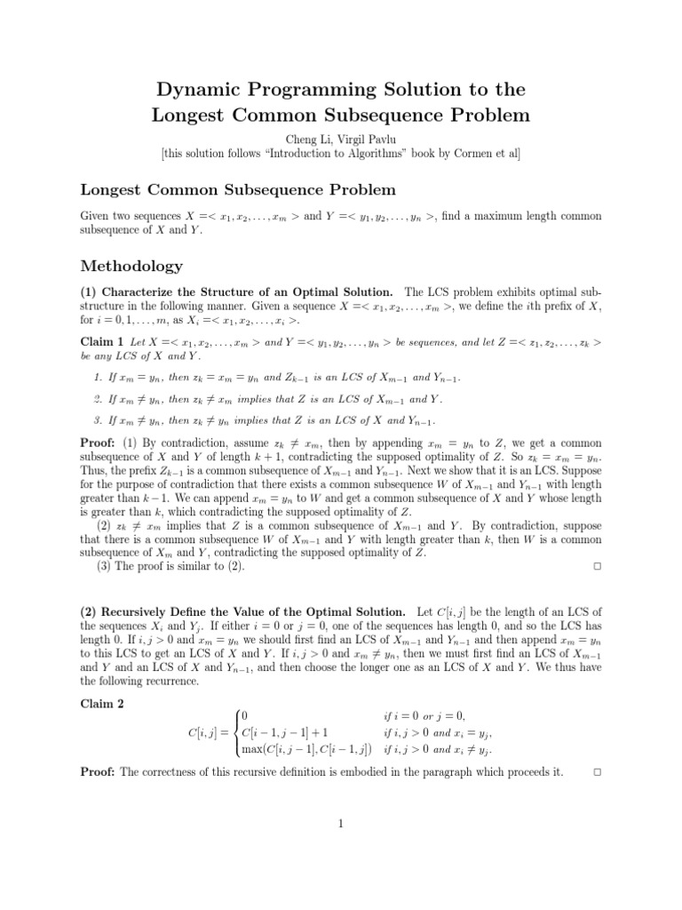 Dynamic Programming Solution To The Longest Common Subsequence Problem Pdf Algorithms
