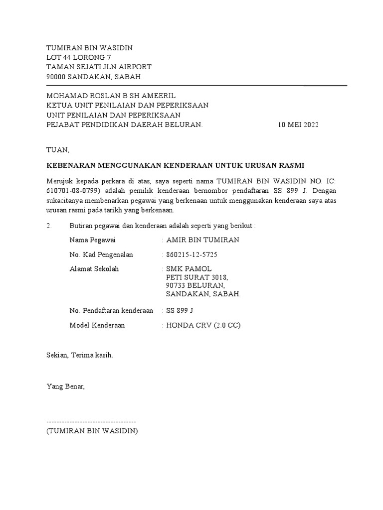 Surat Kebenaran Guna Kenderaan - 2022 | PDF