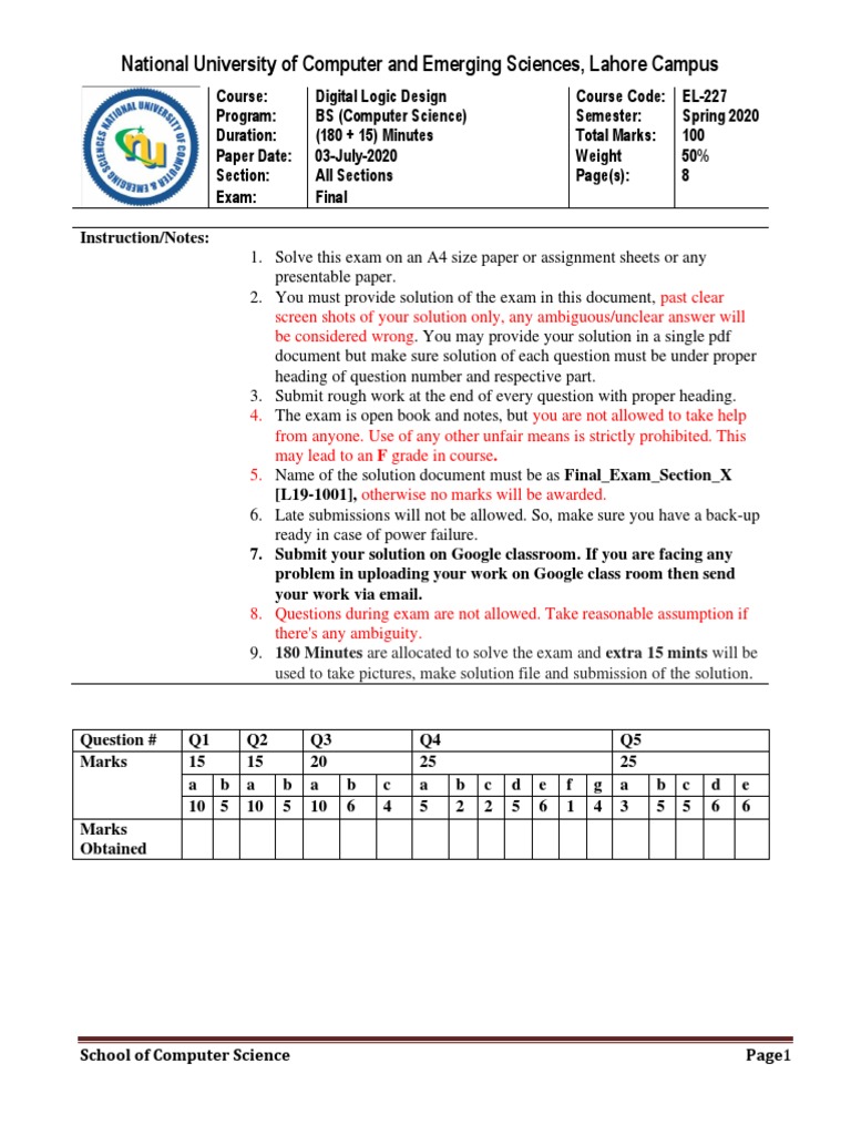 DLD Final Exam Spring 2020 | PDF | Computer Programming | Computer Science