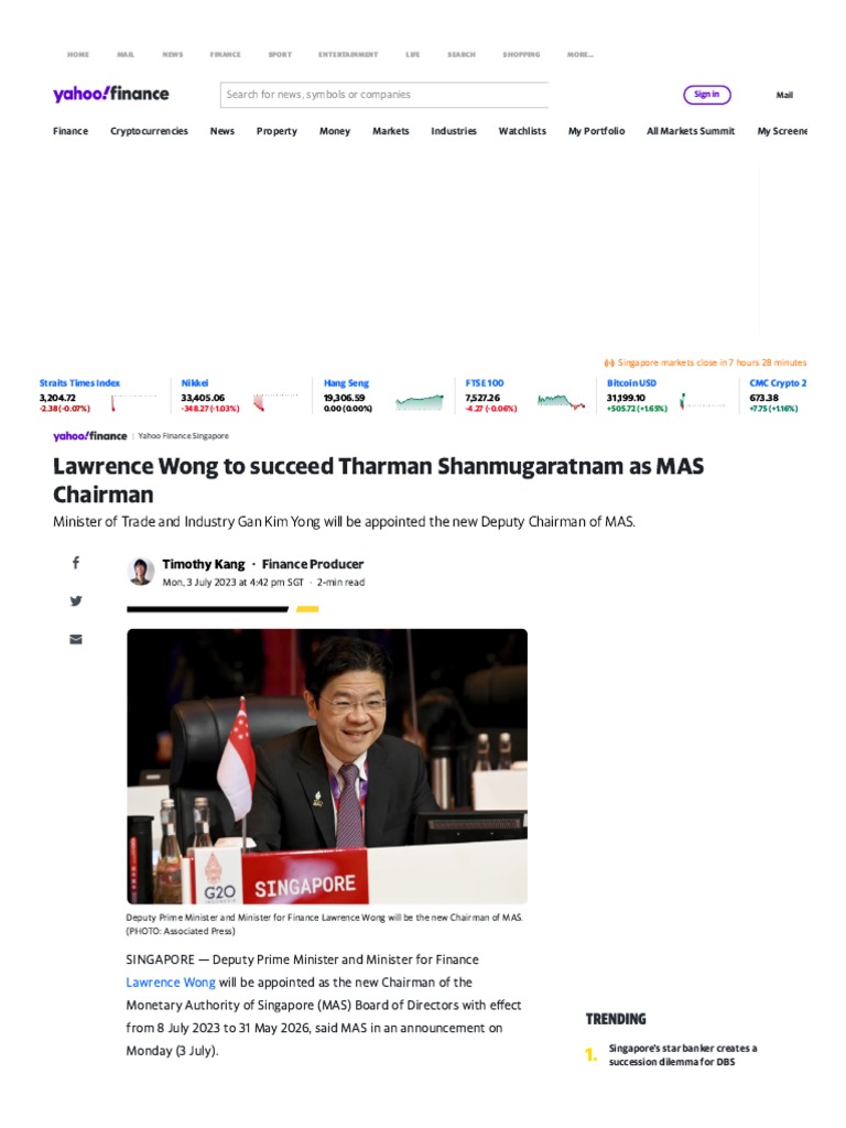 Lawrence Wong To Succeed Tharman Shanmugaratnam As MAS Chairman | PDF