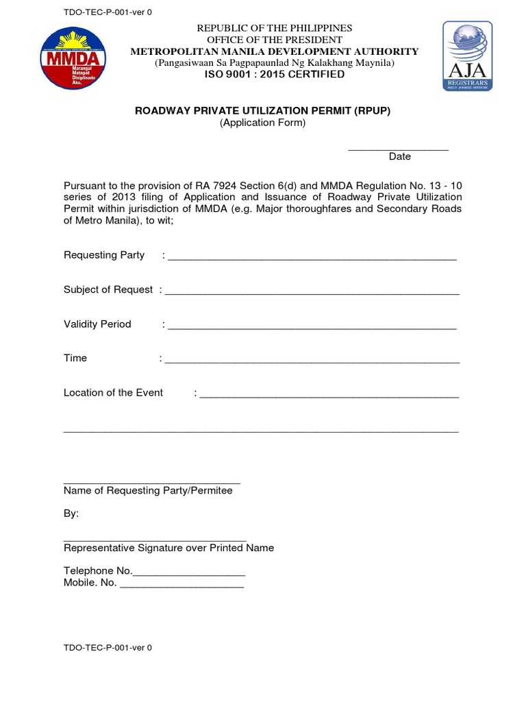 MMDA Application roadway private utilization permit | PDF