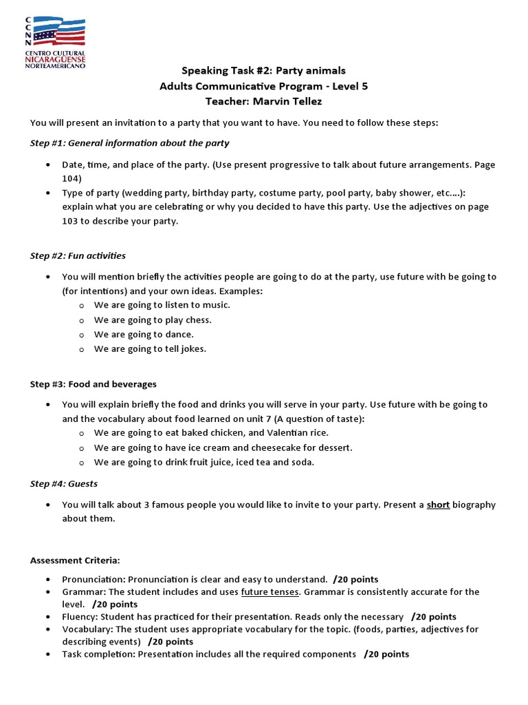 Speaking Task 2 - Level 5 Party Animals | PDF