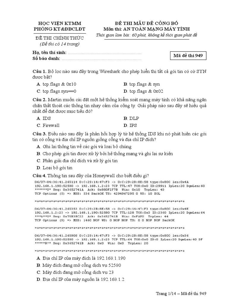 De Thi Mau An Toan Mang May Tinh | PDF