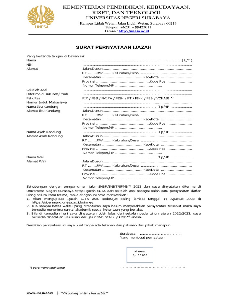Surat Pernyataan Ijazah Maba Unesa 2023 | PDF
