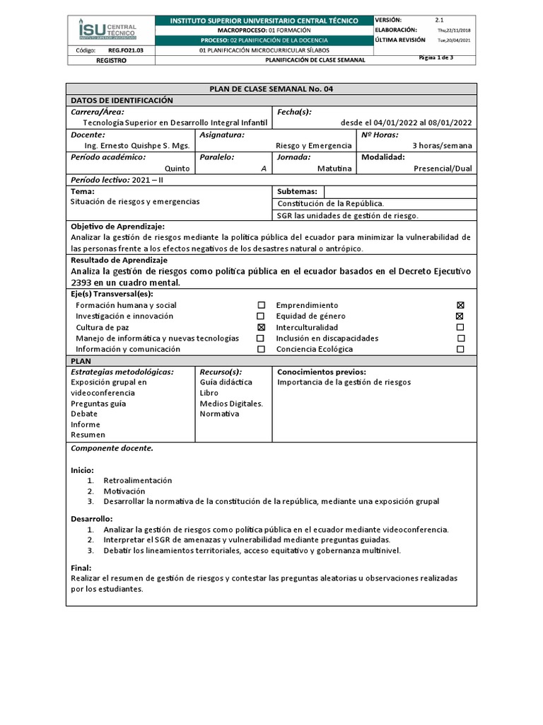 Quishpe - PC4 - Riesgo y Emergencia | PDF | Maestros | Evaluación