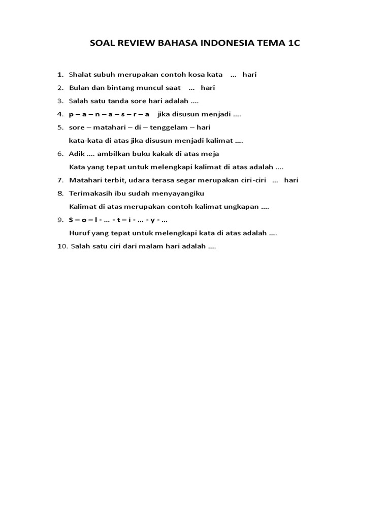 Soal Review Bahasa Indonesia Tema 1C | PDF