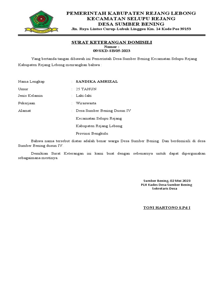 Surat Keterangan Domisili Desa | PDF