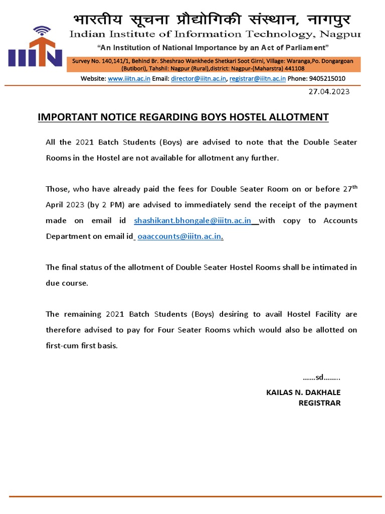 Notice Regarding Double Seater Rooms | PDF