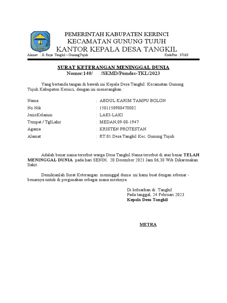 Surat Keterangan Meninggal Dunia | PDF