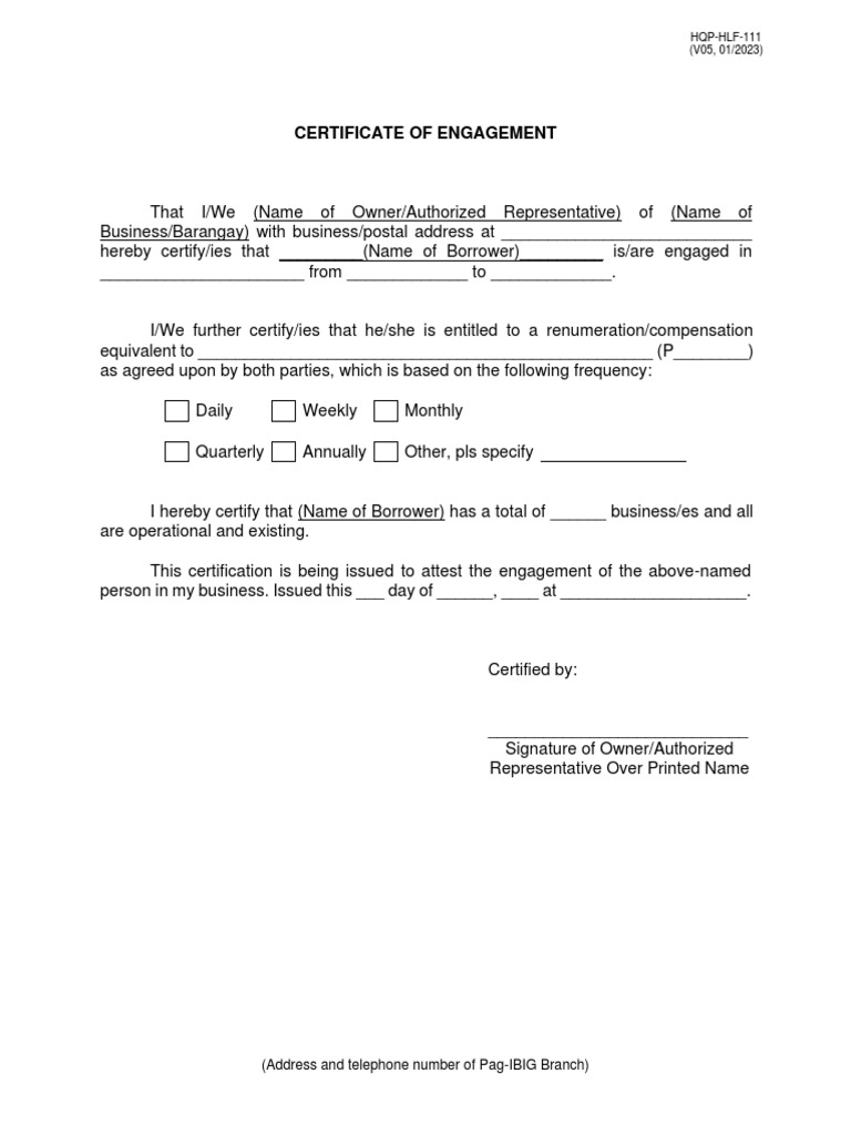 Certificate of Engagement Template | PDF | Finance & Money Management