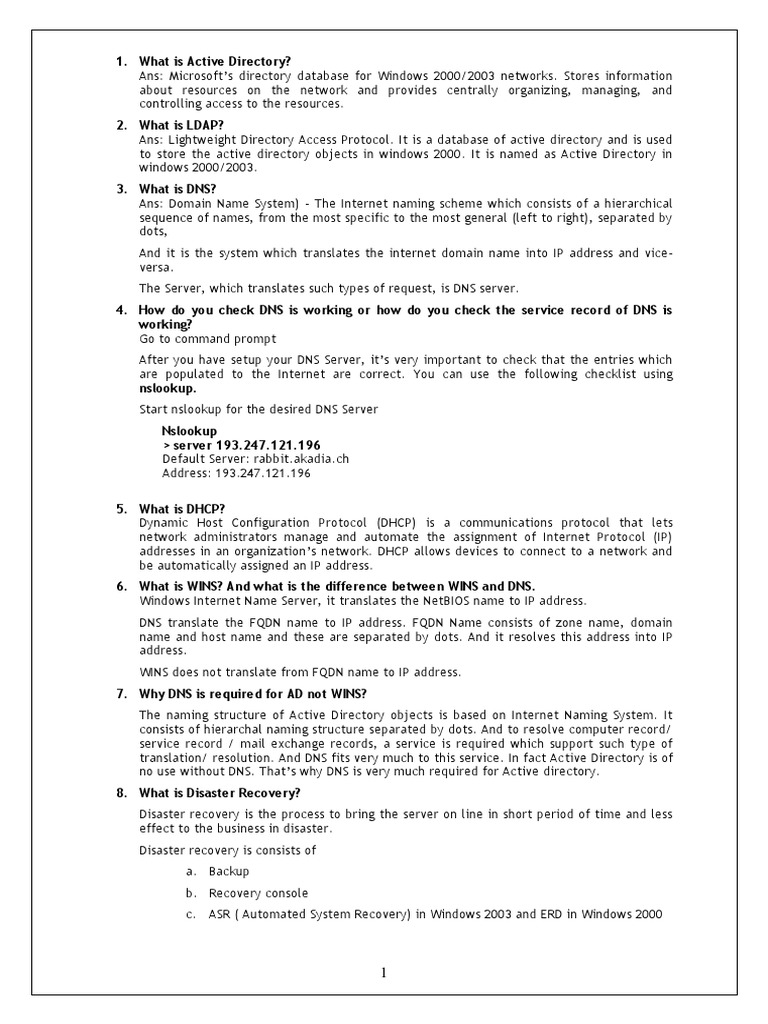Windows Server Interview Questions & Answers | PDF | Domain Name System | Active Directory