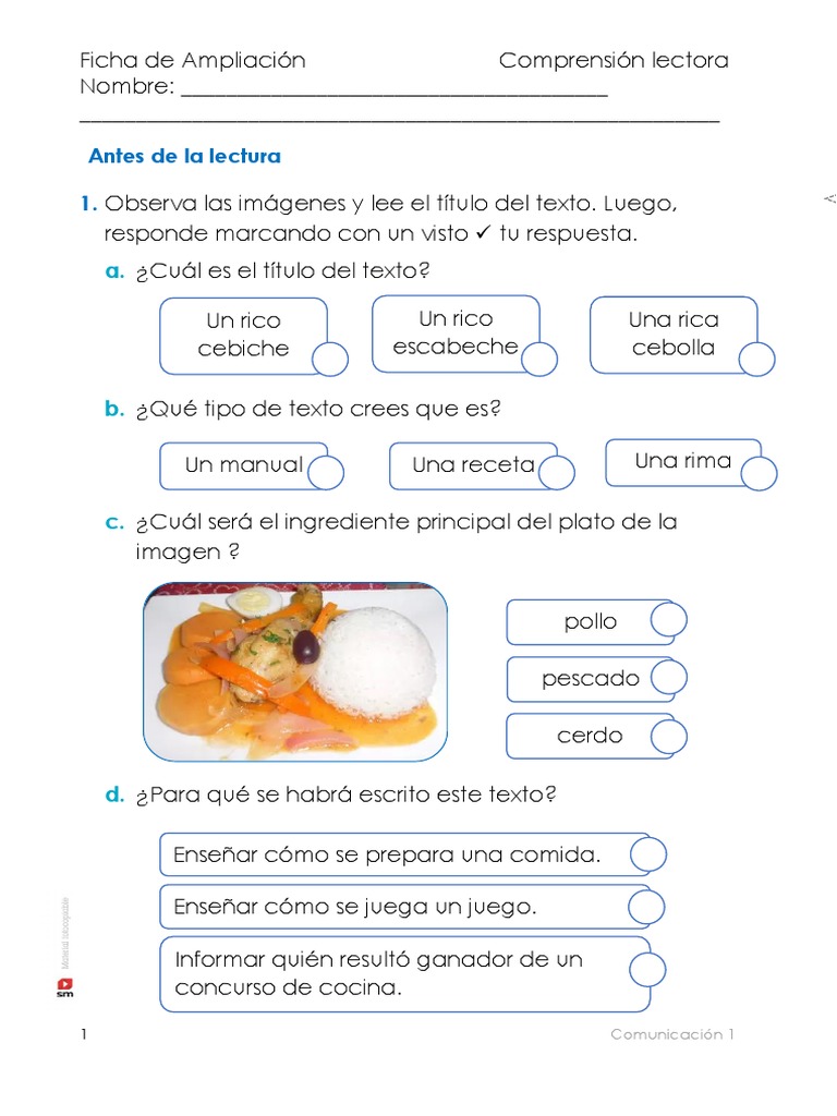 1 Ficha 1 Lectura Receta | PDF | Alimentos | Preparación de comida y bebida