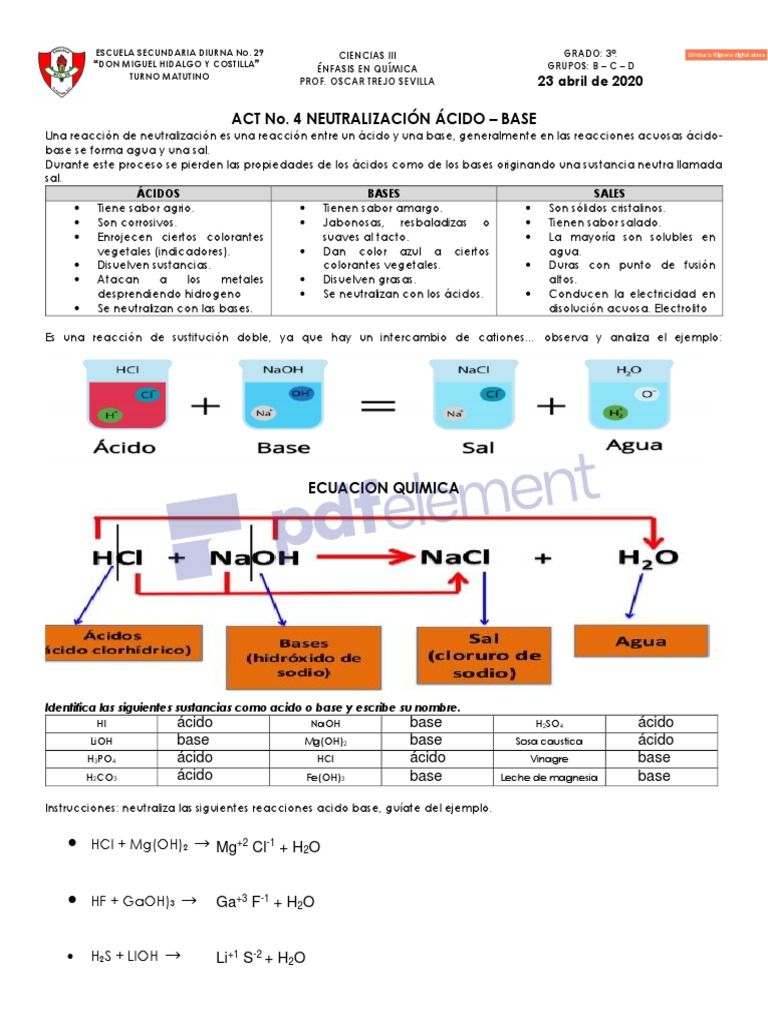 Act 4 Química | Descargar gratis PDF | Ácido | Sal (química)