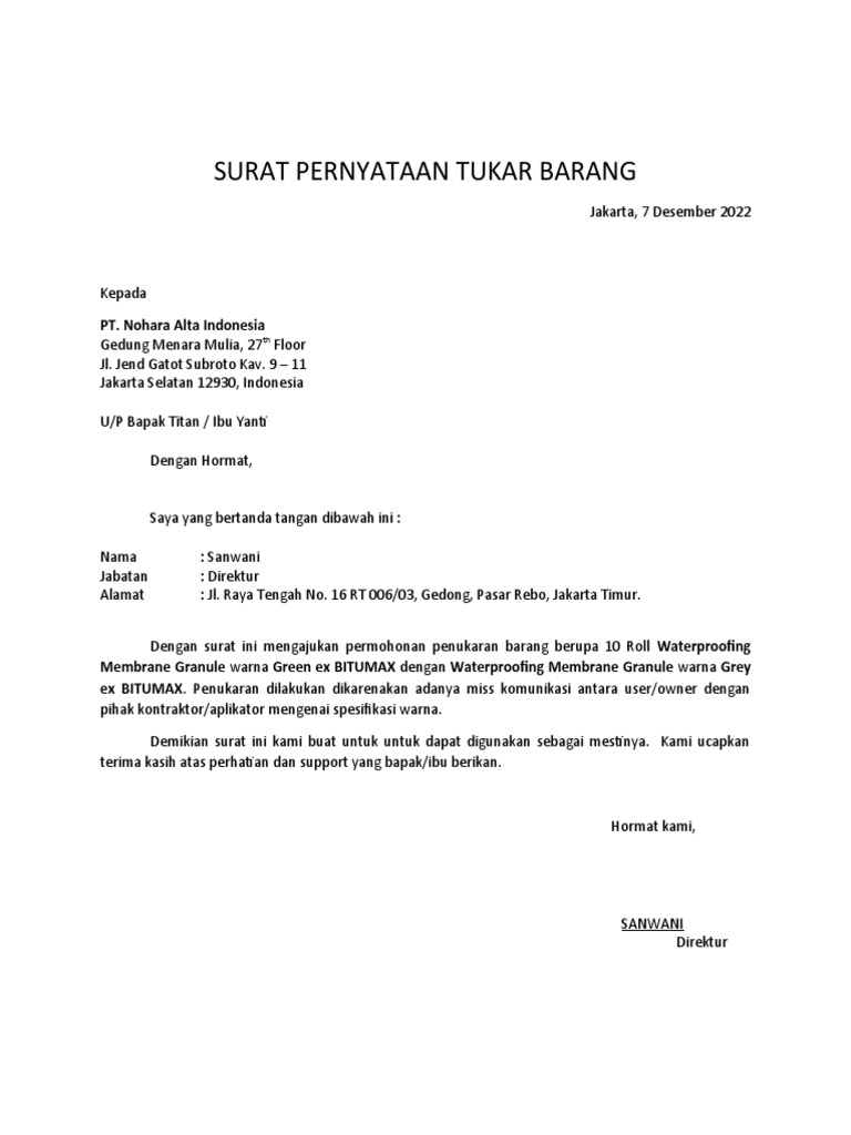 SURAT PERNYATAAN TUKAR BARANG | PDF