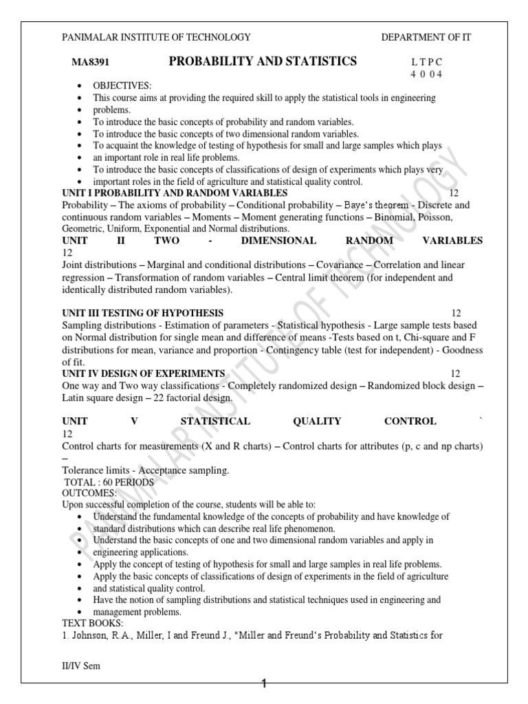 MA8391 Probability and Statistics Pagenumber | PDF | Probability Distribution | Statistics