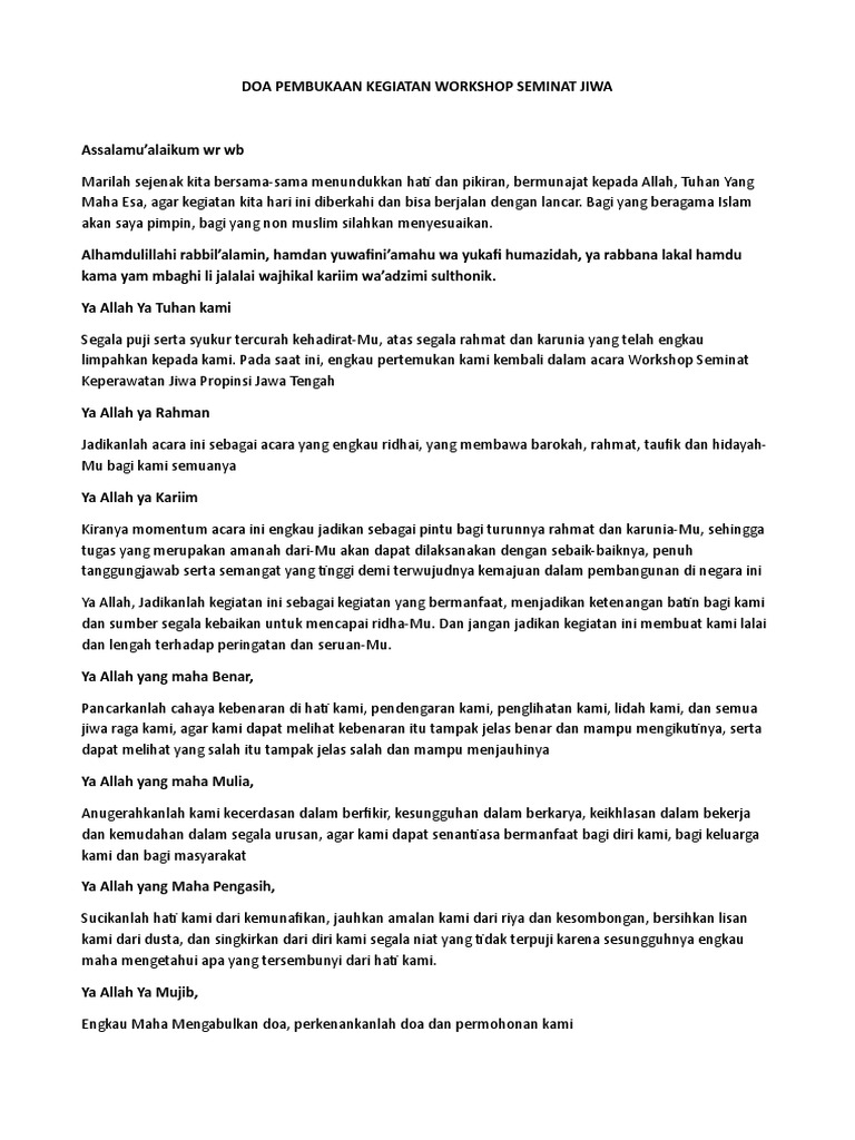 Doa Pembukaan Kegiatan Workshop Seminat Jiwa | PDF