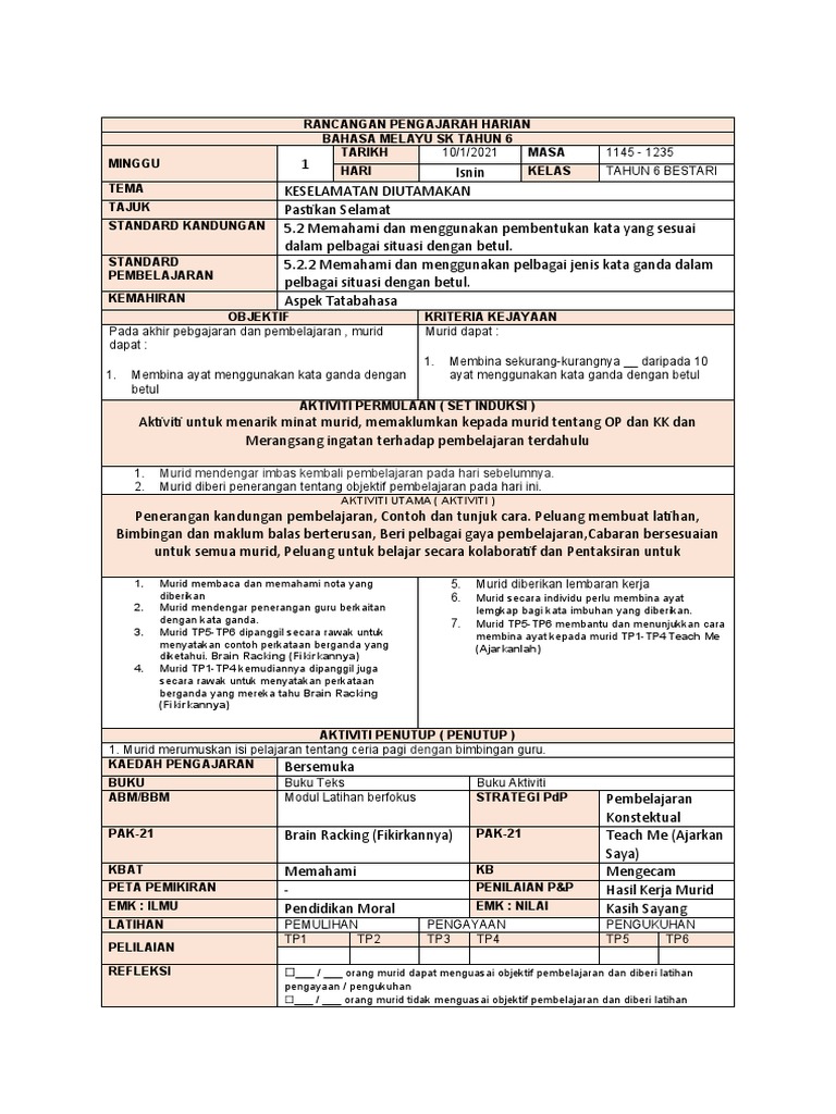 RPH BM Tahun 6 Minggu 1 Penggal Ke3 | PDF